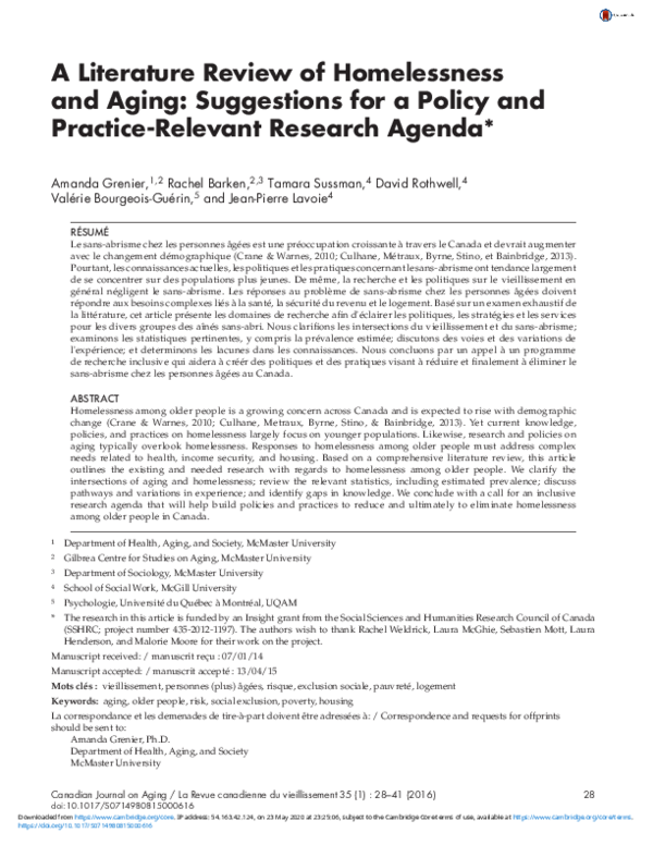 (PDF) A Literature Review of Homelessness and Aging: Suggestions for a ...