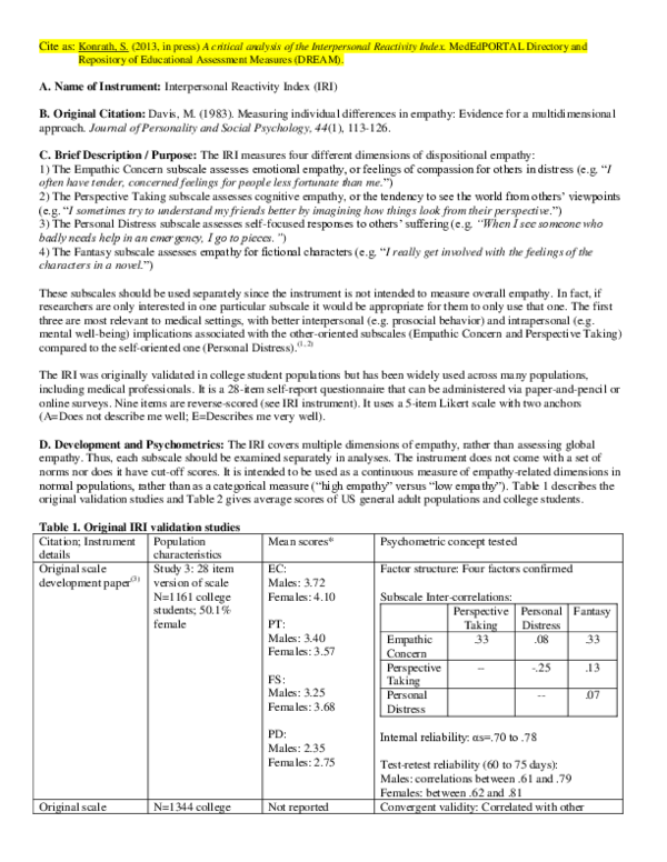 (PDF) Critical Synthesis Package: Interpersonal Reactivity Index (IRI)