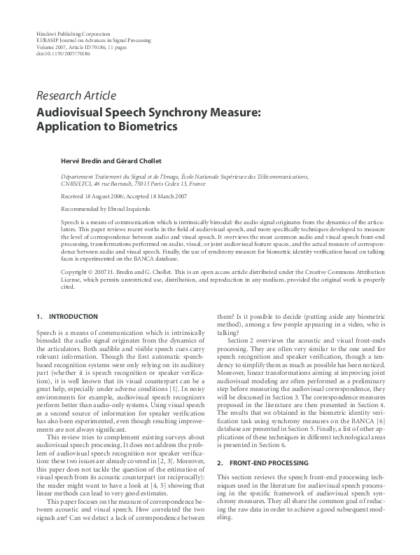 (PDF) Audiovisual speech synchrony measure: application to biometrics