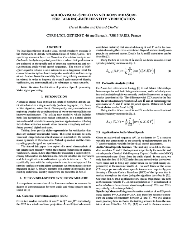 (PDF) Audio-visual speech synchrony measure for talking-face identity verification