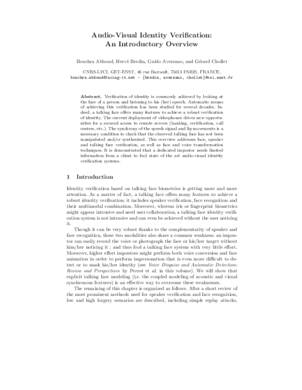 (PDF) Audio-visual Identity Veriﬁcation: An Introductory Overview