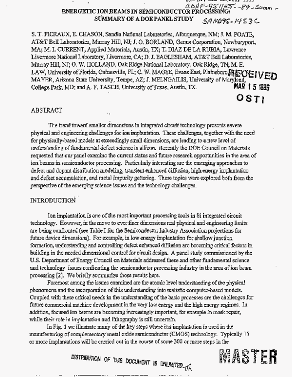 (PDF) Energetic Ion Beams in Semiconductor Processing: Summary of a Doe ...
