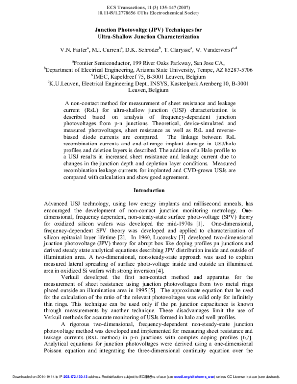 (PDF) Junction Photovoltage (JPV) Techniques for Ultra-Shallow Junction ...