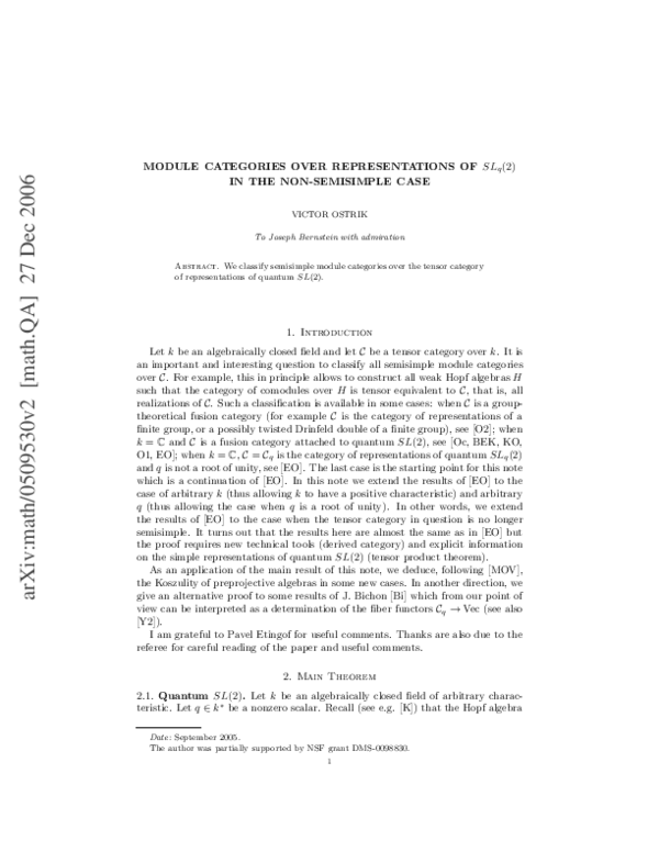 (PDF) Module Categories Over Representations of SL q (2) in the Non-Semisimple Case