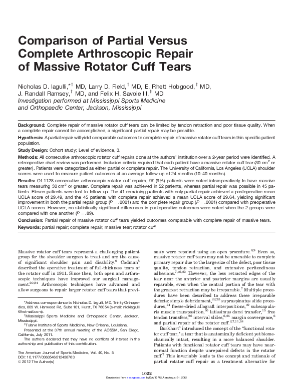 (PDF) Comparison of Partial Versus Complete Arthroscopic Repair of ...