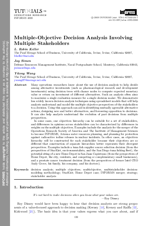 Pdf Multiple Objective Decision Making With Multiple Stakeholders