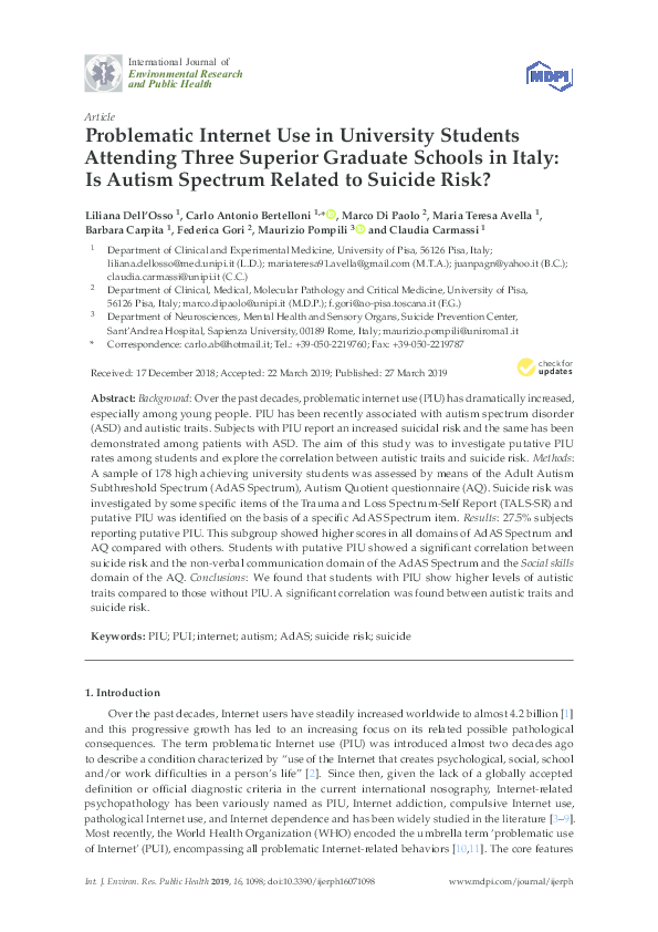 (PDF) Problematic Internet Use in University Students: associated factors and differences of gender