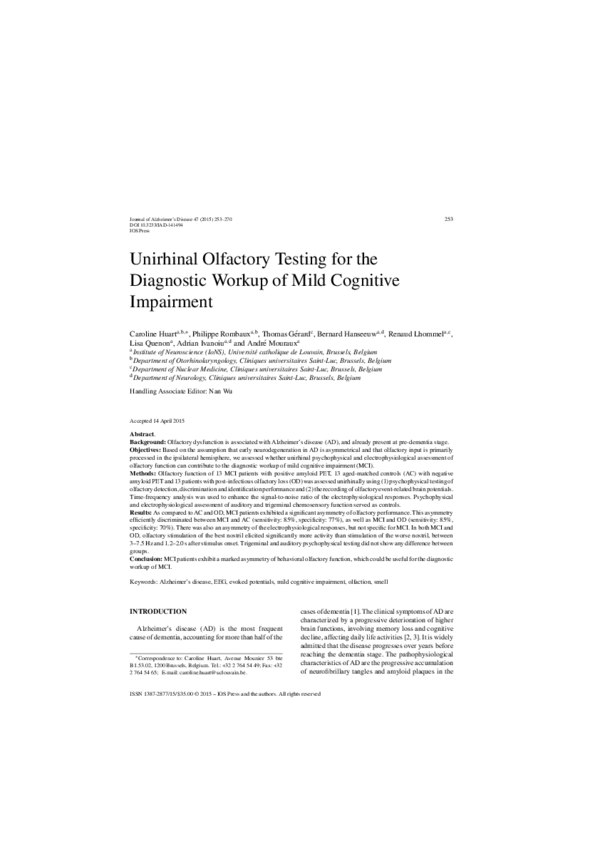 (PDF) Olfactory Function Tests for Mild Cognitive Impairment