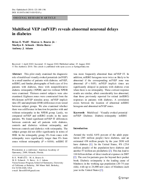 (PDF) Multifocal VEP (mfVEP) reveals abnormal neuronal delays in diabetes