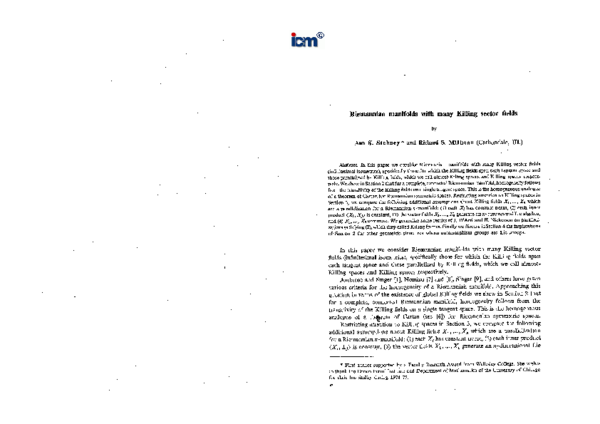 (PDF) Riemannian manifolds with many Killing vector fields