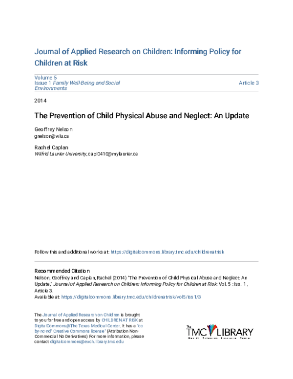 (PDF) The Prevention of Child Physical Abuse and Neglect: An Update