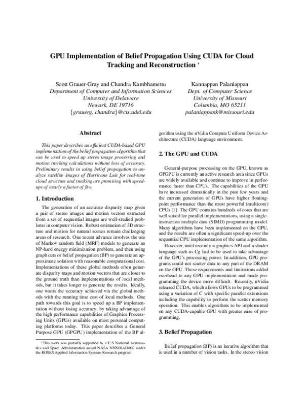 (PDF) GPU implementation of belief propagation using CUDA for cloud tracking and reconstruction