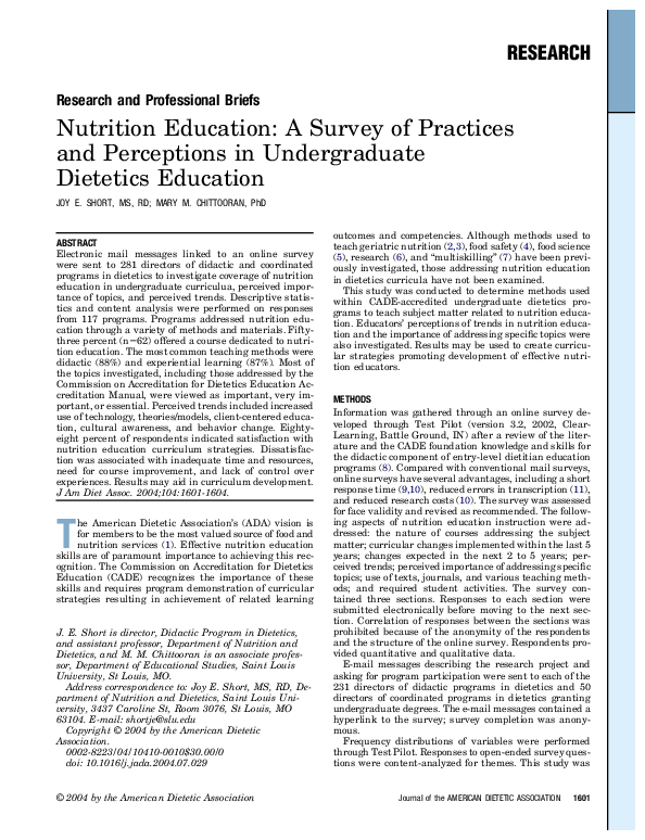 (PDF) Nutrition education: A survey of practices and perceptions in ...