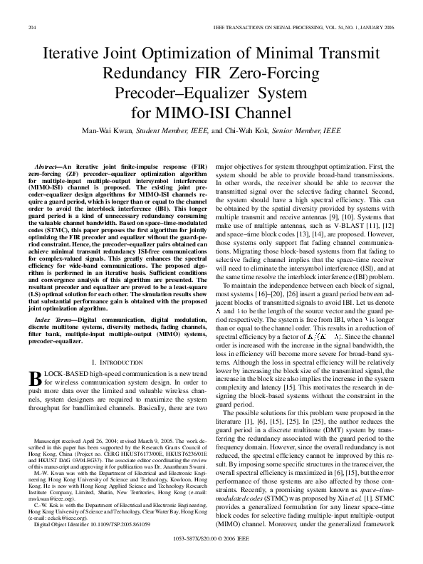 Pdf Iterative Joint Optimization Of Minimal Transmit Redundancy Fir Zero Forcing Precoder 