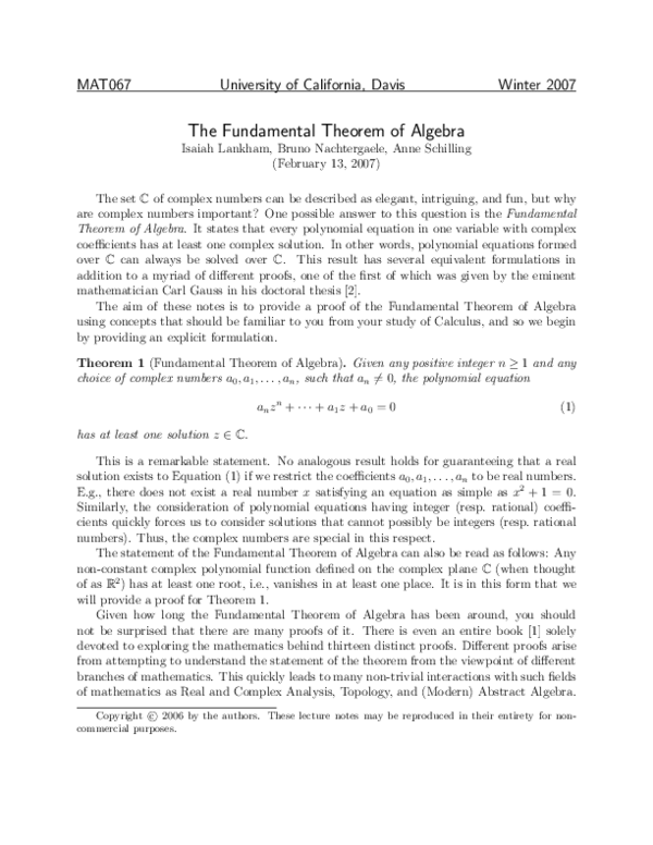 (PDF) The Fundamental Theorem of Algebra