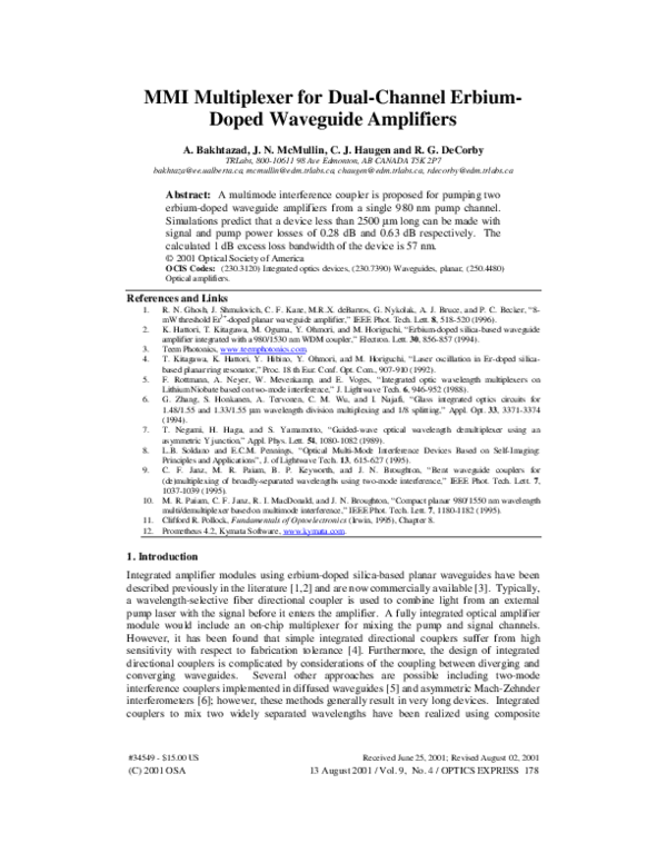 (PDF) MMI multiplexer for dual-channel erbium-doped waveguide amplifiers