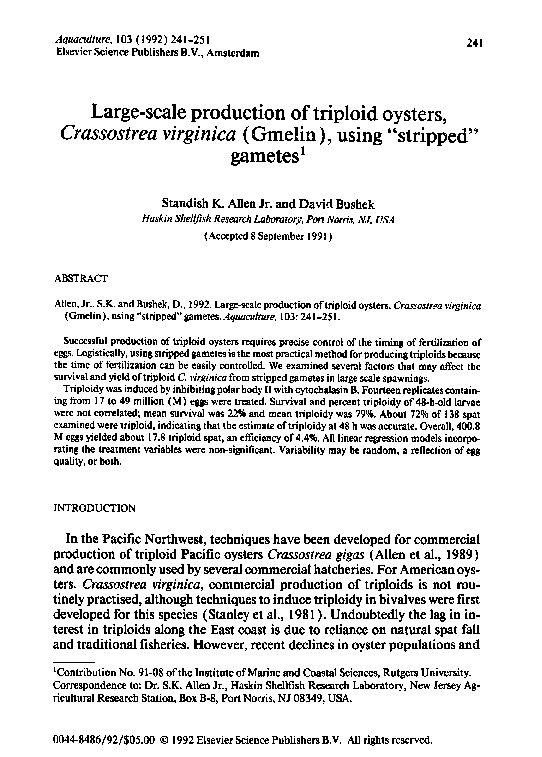 (PDF) Large-scale production of triploid oysters, Crassostrea virginica ...