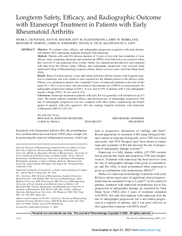 (PDF) Longterm safety, efficacy, and radiographic outcome with etanercept treatment in patients ...