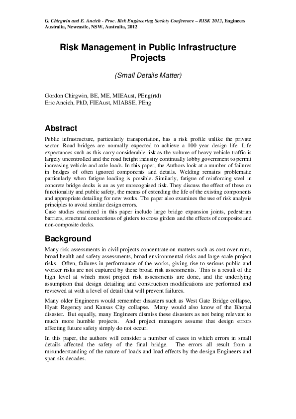 (PDF) Risk Management in Public Infrastructure Projects