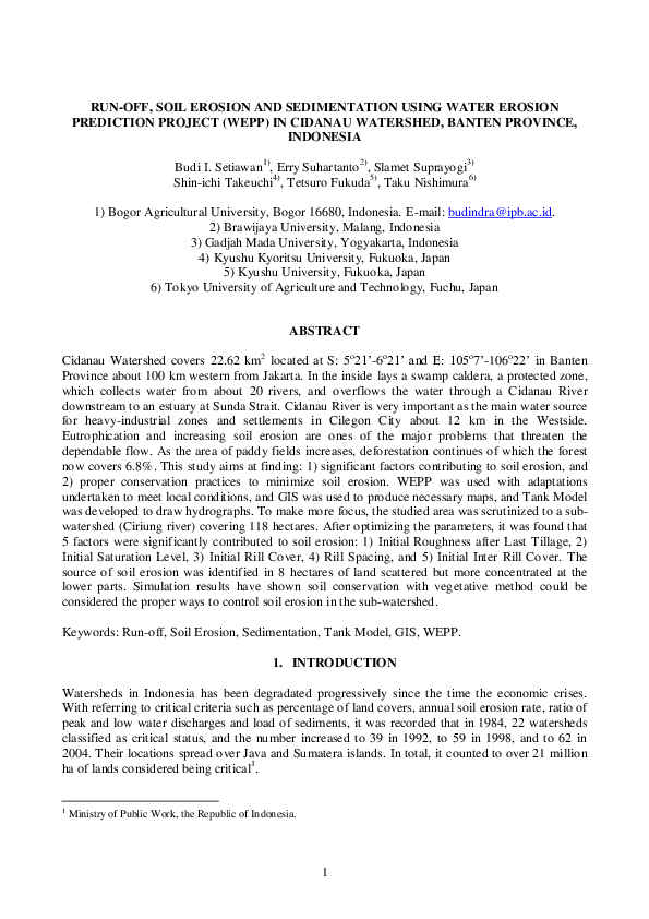 (PDF) Run-Off, Soil Erosion and Sedimentation Using Water Erosion Prediction Project (Wepp) in ...