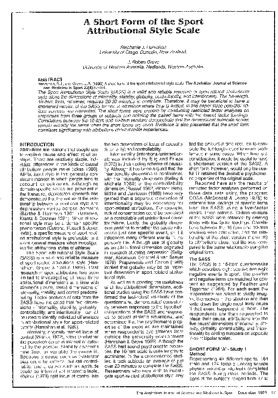 (PDF) A short form of the Sport Attributional Style Scale