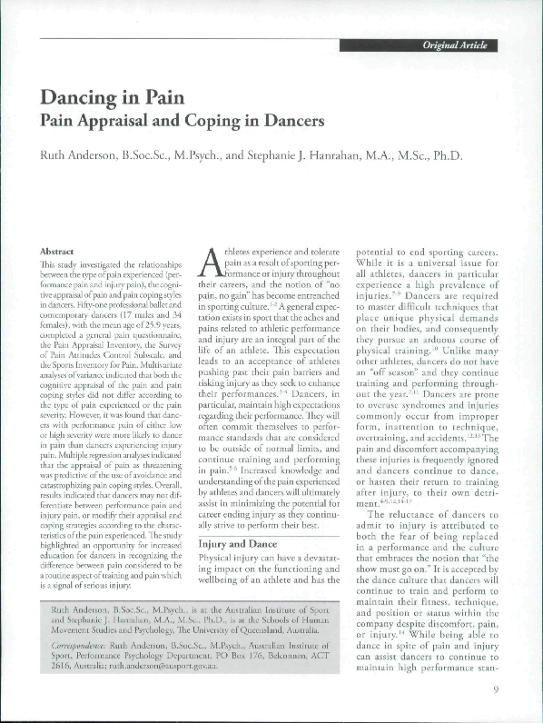 (PDF) Dancing in pain: pain appraisal and coping in dancers