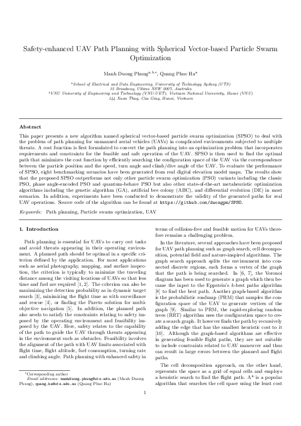 Pdf Safety Enhanced Uav Path Planning With Spherical Vector Based Particle Swarm Optimization