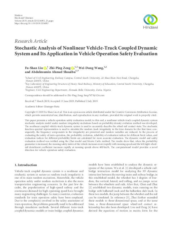 Pdf Stochastic Analysis Of Nonlinear Vehicle Track Coupled Dynamic System And Its Application