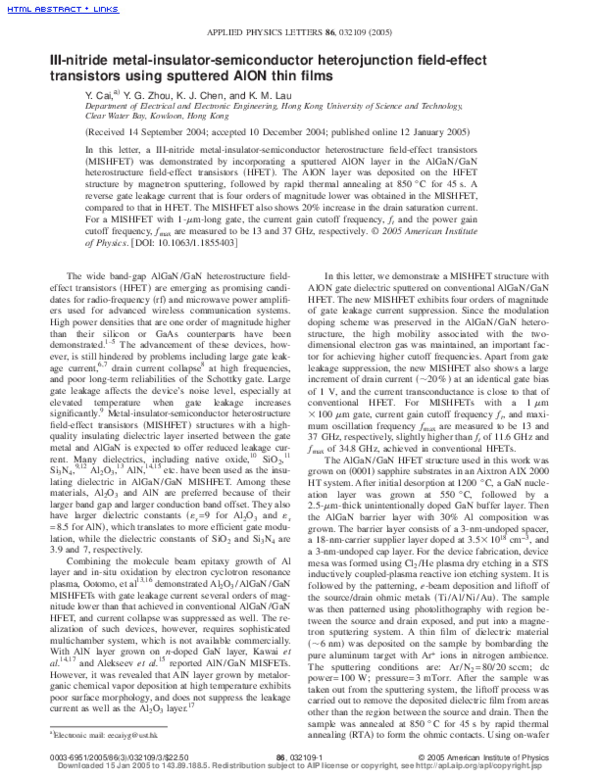(PDF) III-nitride metal-insulator-semiconductor heterojunction field-effect transistors using ...