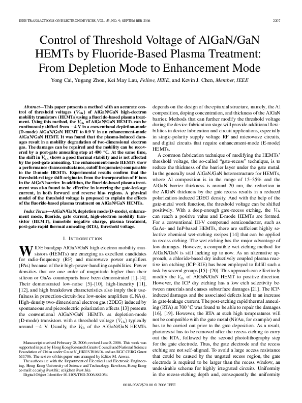(PDF) Control of Threshold Voltage of AlGaN/GaN HEMTs by Fluoride-Based Plasma Treatment: From ...
