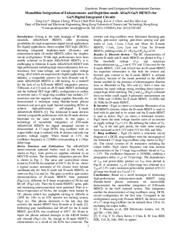 (PDF) Monolithic integration of enhancement- and depletion-mode AlGaN/GaN HEMTs for GaN digital ...