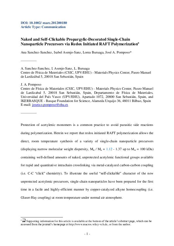 (PDF) Naked and Self-Clickable Propargylic-Decorated Single-Chain Nanoparticle Precursors via ...