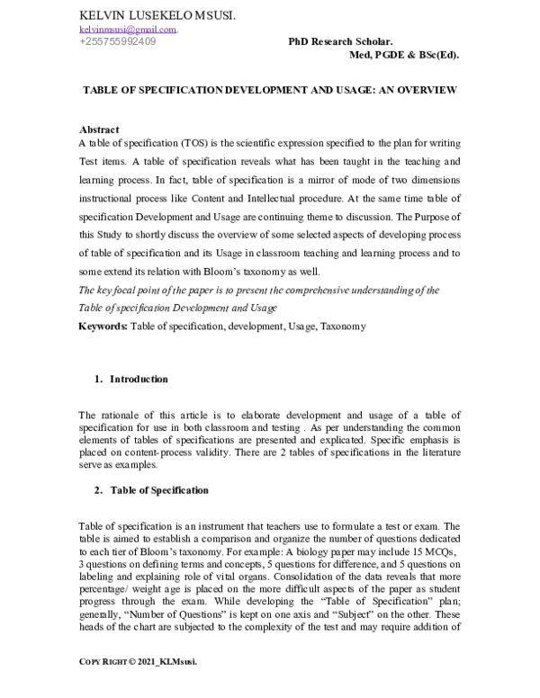 (DOC) Table of specification overview