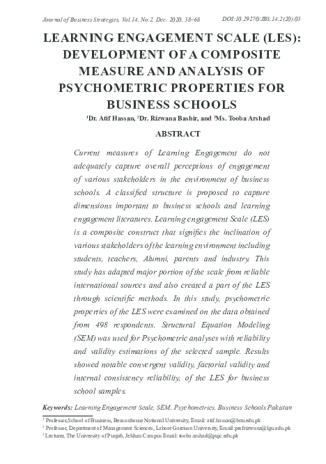(PDF) LEARNING ENGAGEMENT SCALE (LES): DEVELOPMENT OF A COMPOSITE ...