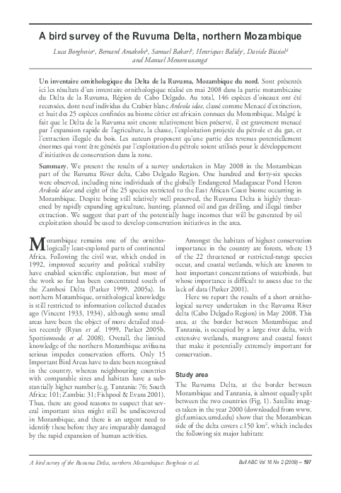 (PDF) A bird survey of the Ruvuma Delta, northern Mozambique
