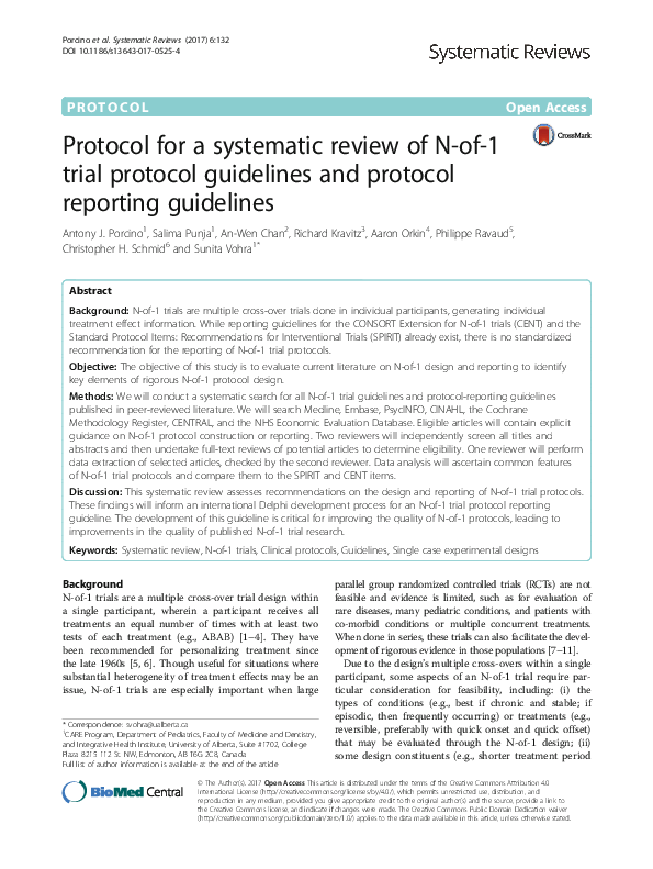 Pdf Protocol For A Systematic Review Of N Of 1 Trial Protocol Guidelines And Protocol