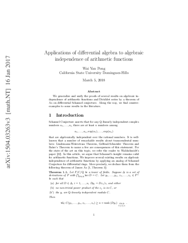 (PDF) Applications of differential algebra to algebraic independence of ...