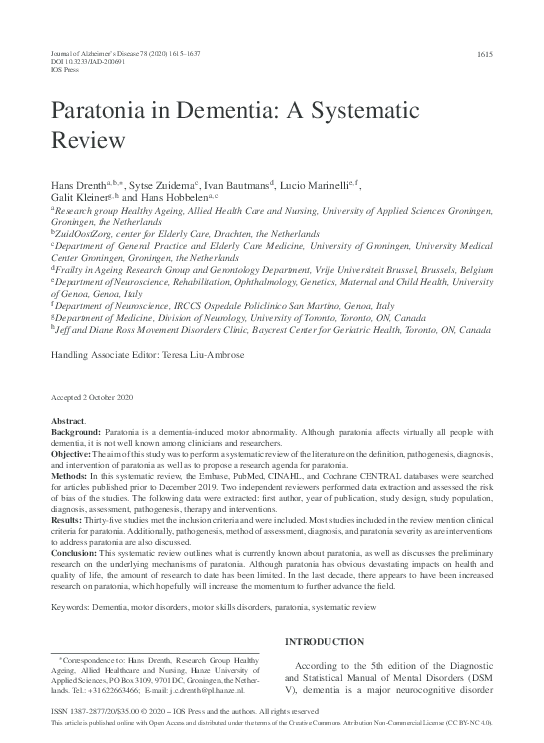 (PDF) Paratonia in Dementia: A Systematic Review