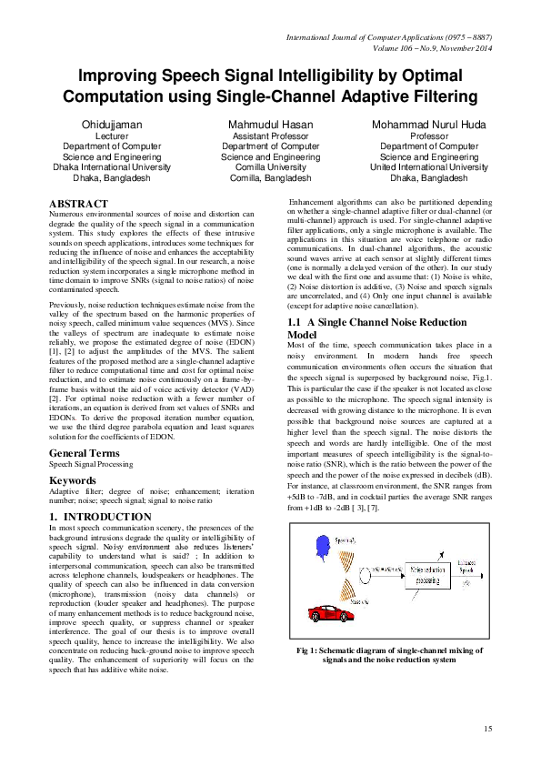 (PDF) Improving Speech Signal Intelligibility by Optimal Computation using Single-Channel ...