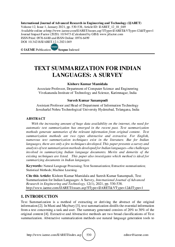 Pdf Text Summarization For Indian Languages A Survey