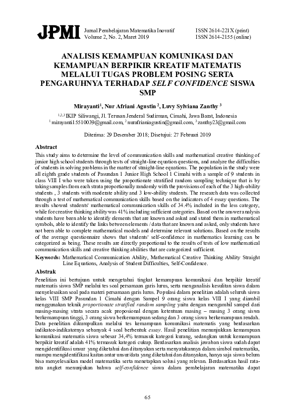 (PDF) Analisis Kemampuan Komunikasi Dan Kemampuan Berpikir Kreatif Matematis Melalui Tugas ...