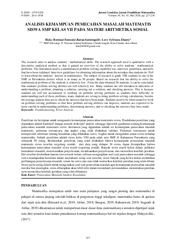 (PDF) Analisis Kemampuan Pemecahan Masalah Matematis Siswa Smp Kelas VII Pada Materi Aritmetika ...