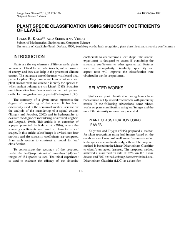 (PDF) Plant Specie Classification Using Sinuosity Coefficients of Leaves