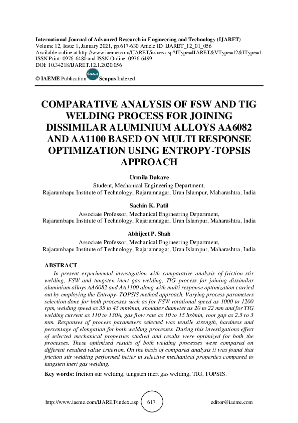 (PDF) COMPARATIVE ANALYSIS OF FSW AND TIG WELDING PROCESS FOR JOINING DISSIMILAR ALUMINIUM ...