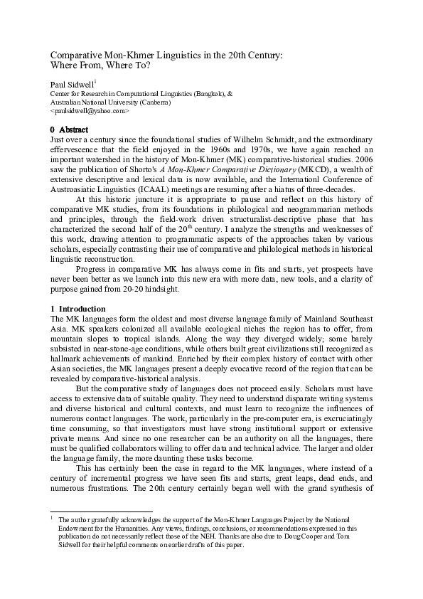 (PDF) Comparative Mon-Khmer Linguistics in the 20th Century: Where From ...