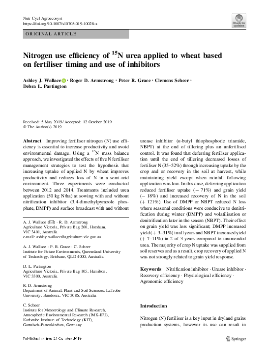 (PDF) Nitrogen use efficiency of 15N urea applied to wheat based on ...