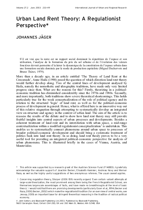 (PDF) Urban land rent theory: a regulationist perspective