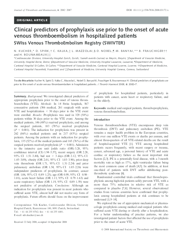 (PDF) Clinical predictors of prophylaxis use prior to the onset of acute venous thromboembolism ...