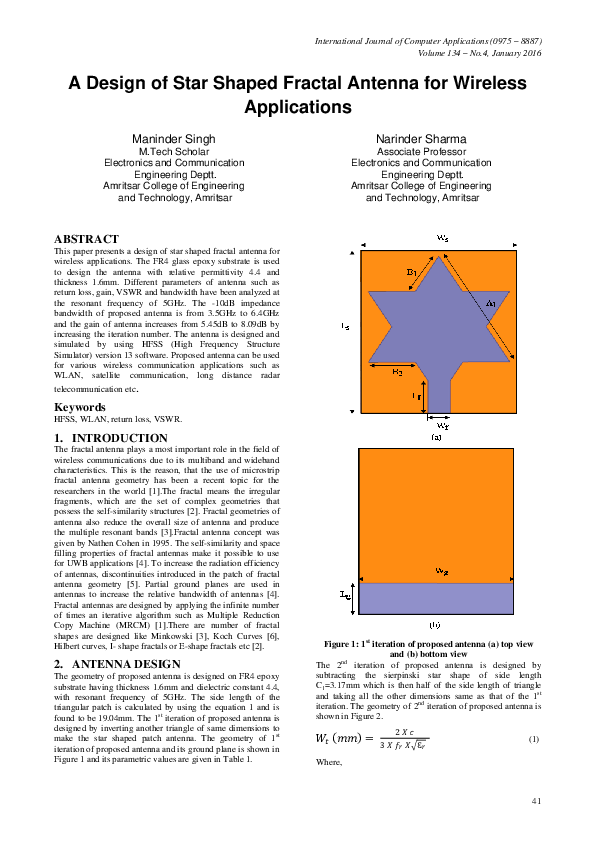 Pdf Star Shaped Fractal Antenna Design For Wireless Applications