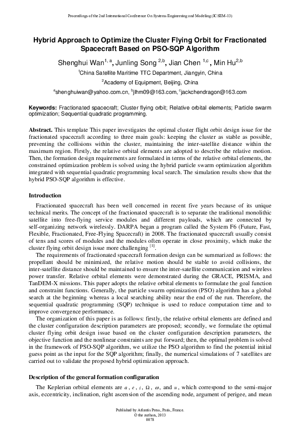 Pdf Hybrid Approach To Optimize The Cluster Flying Orbit For Fractionated Spacecraft Based On